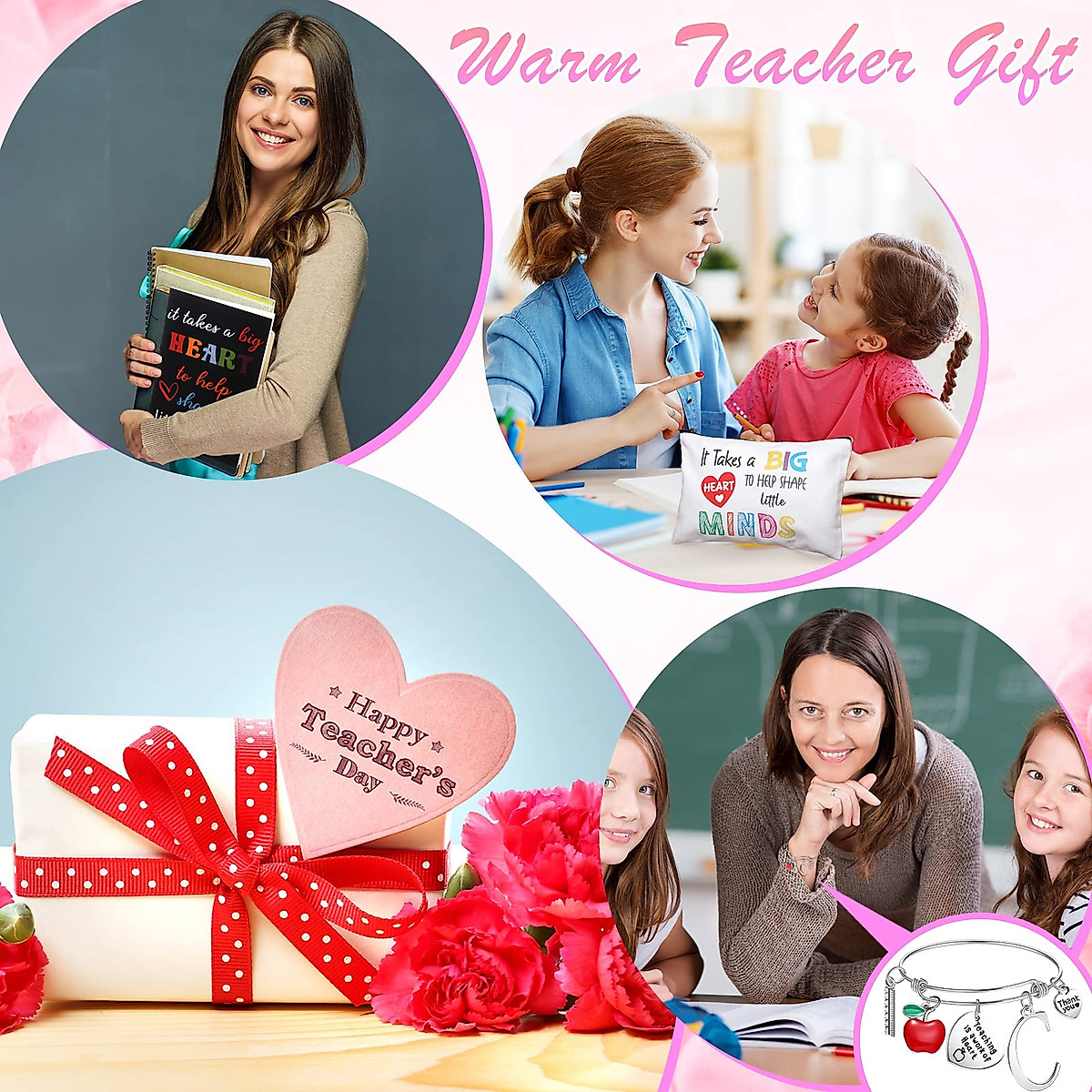 Kenning 3 Pcs Teacher Appreciation Week Gifts Set Include Inspirational Notebook with Quote, Zippered Makeup Bag and Bracelet with Initial for Teacher Week, Birthday, Back to School(Letter C)