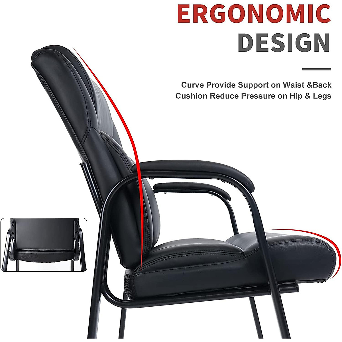 CLATINA Big & Tall 400 lb Waiting Room Guest Executive Chair with Bonded Leather Padded Armrest Modern Style with Sled Base and Solid Metal Frame for Office Reception and Conference (Black-B(A))