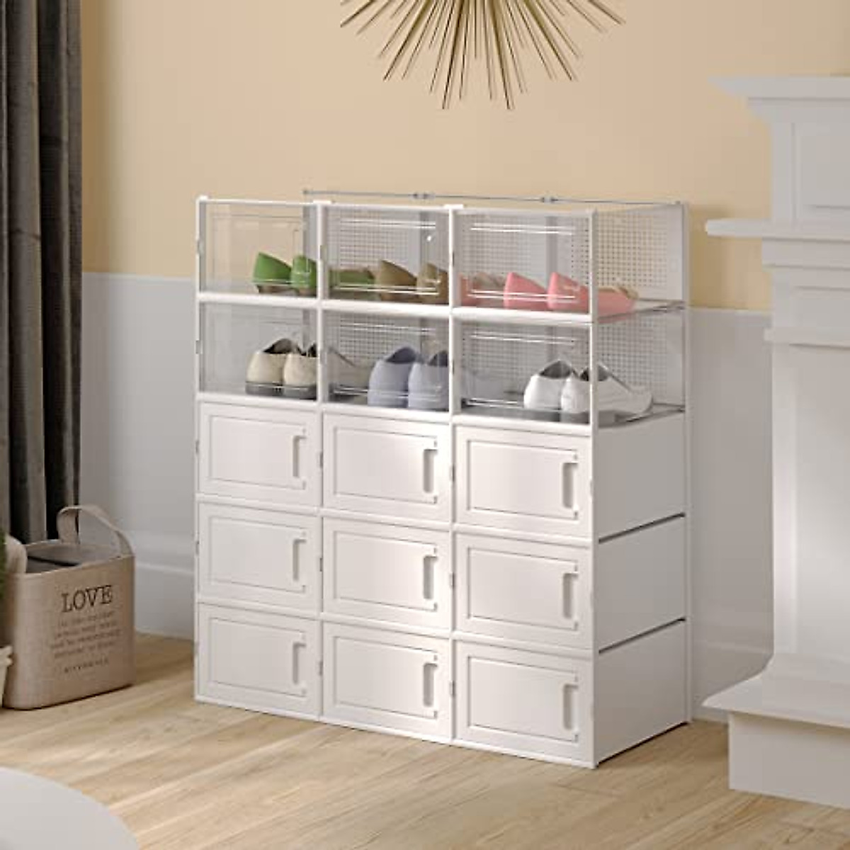 WAYTRIM 15 Pack Stackable Storage Shoe Box, Foldable 6 Clear and 9 White Sneaker Storage Box Dorp Front Shoe Container Organizer Sneaker Storage Drawer Fit to Women Size 12