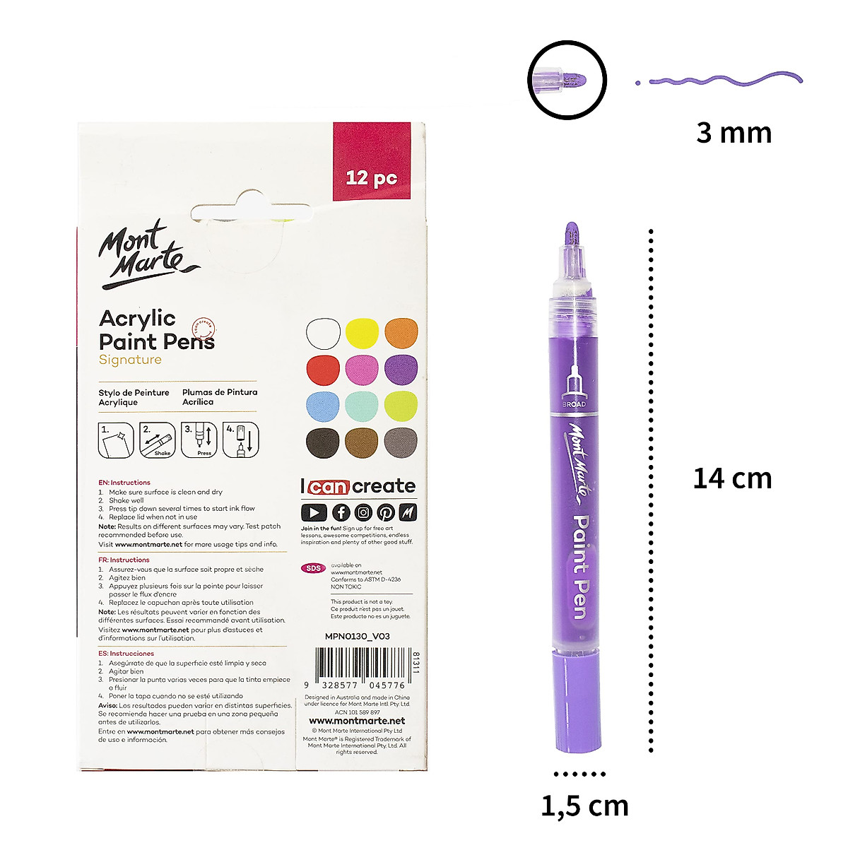 Mont Marte Signature Acrylic Paint Pens, 12 Piece, Waterproof, Suitable for Most Surfaces Including Canvas, Card and Rock, Round Tip (3mm)