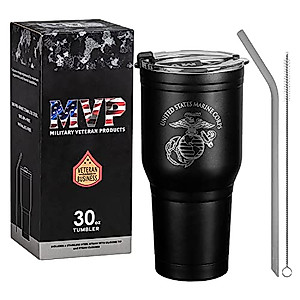 Military Gift Shop 30 oz USMC Coffee Travel Mug | Double Wall Vacuum Insulated Coffee Tumbler | Stainless Steel Coffee Mug With Lid & Straw