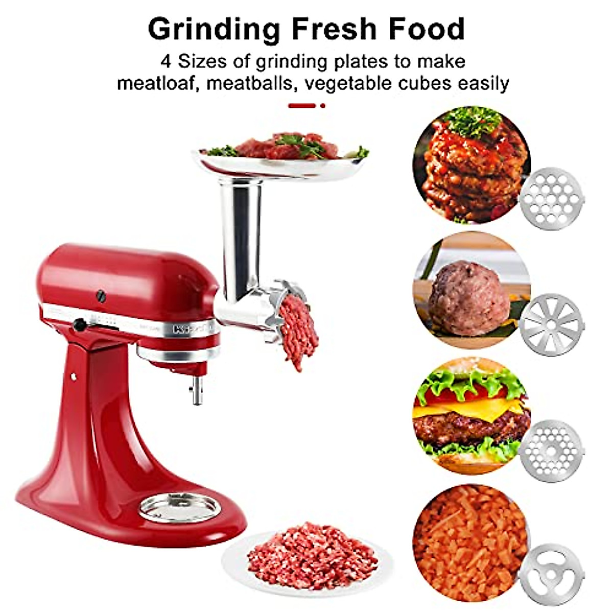 LOCULL Metal Food Grinder Attachment for KitchenAid Stand Mixers, Durable Food Grinder Attachment for KitchenAid, Accessories Includes Two Sausage Stuffer Tubes, 3 Grinding Blades, Cleaning Brush