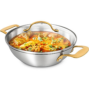 MICHELANGELO Stainless Steel Pan - 9.5 Inch Everyday Pan with Lid, 2.5 Quart Stainless Steel Kadai with Riveted Handle, All Cooktops Compatible, Oven & Dishwasher Safe