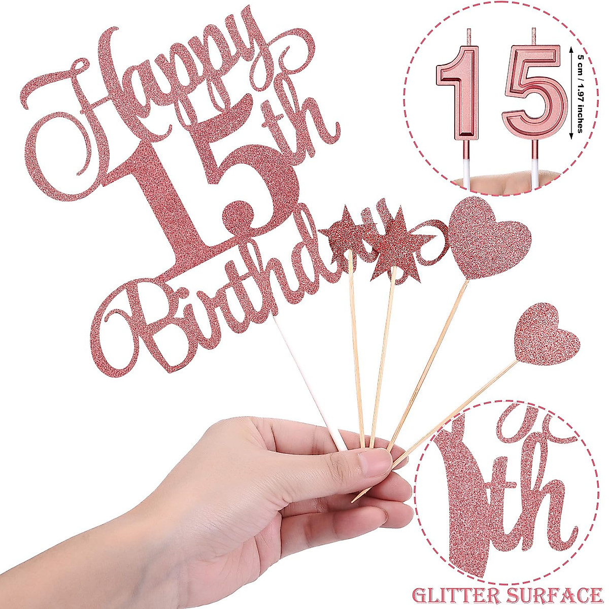 15th Birthday Cake Decorations Set Include 15th Birthday Candles Numeral 15 Cake Candles and Happy 15th Birthday Cake Toppers with Heart Star Cupcake Picks for Birthday Party (Rose Gold Series)