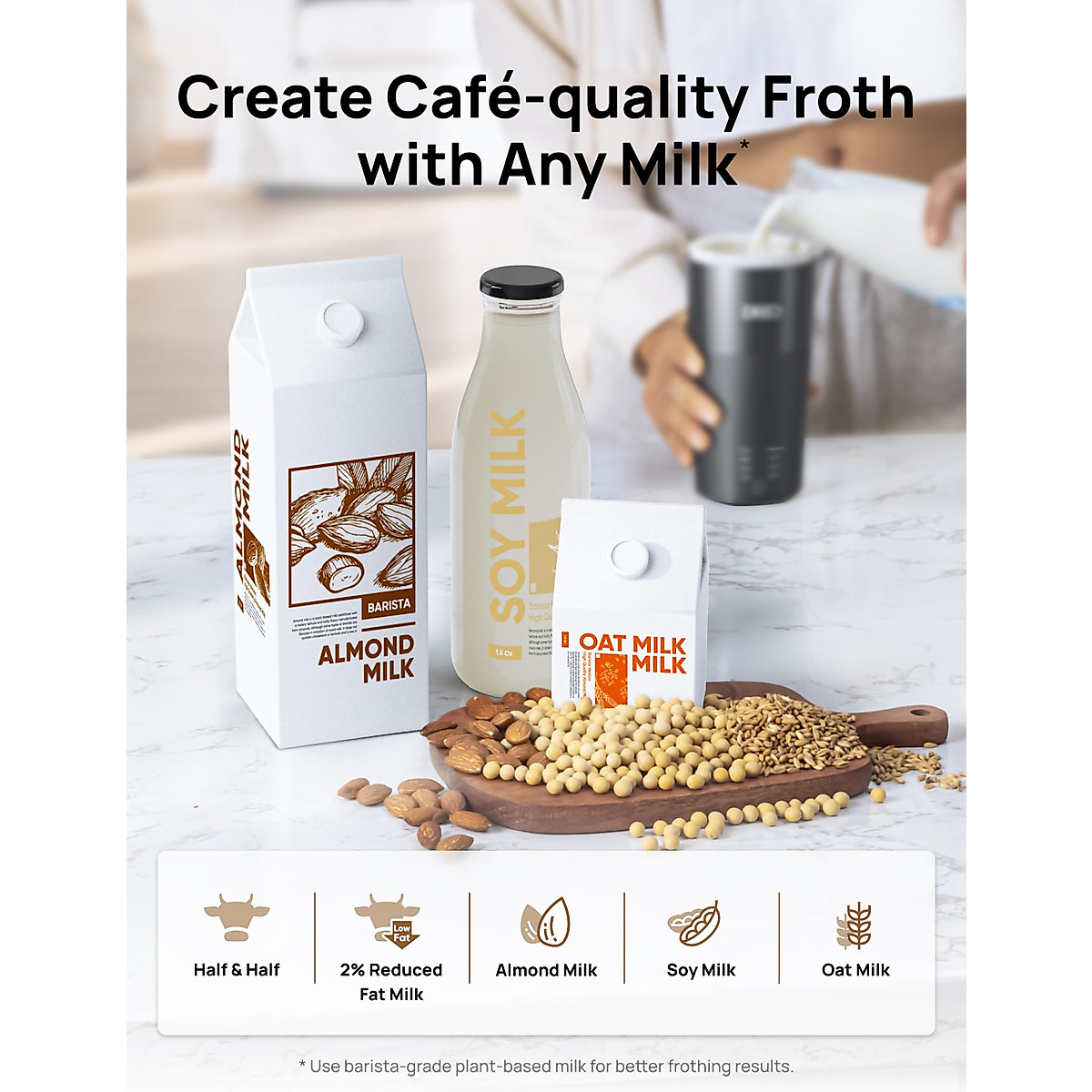 Dreo Milk Frother, 4-in-1 Electric Frother for Coffee, Hot and Cold Foam Maker for Cappuccino, Flat-white, Latte with Plant-based and Dairy Milk, Multi-stage, Easy to Clean, Temperature Control, Black