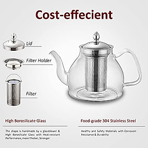 Glass Teapot, 40oz/1200mL Glass Kettle with Removable Stainless Steel Infuser for Blooming Tea & Loose Leaf Tea, Gooseneck Tea Pot, Microwave & Stovetop Safe, Gift Box for Tea Maker