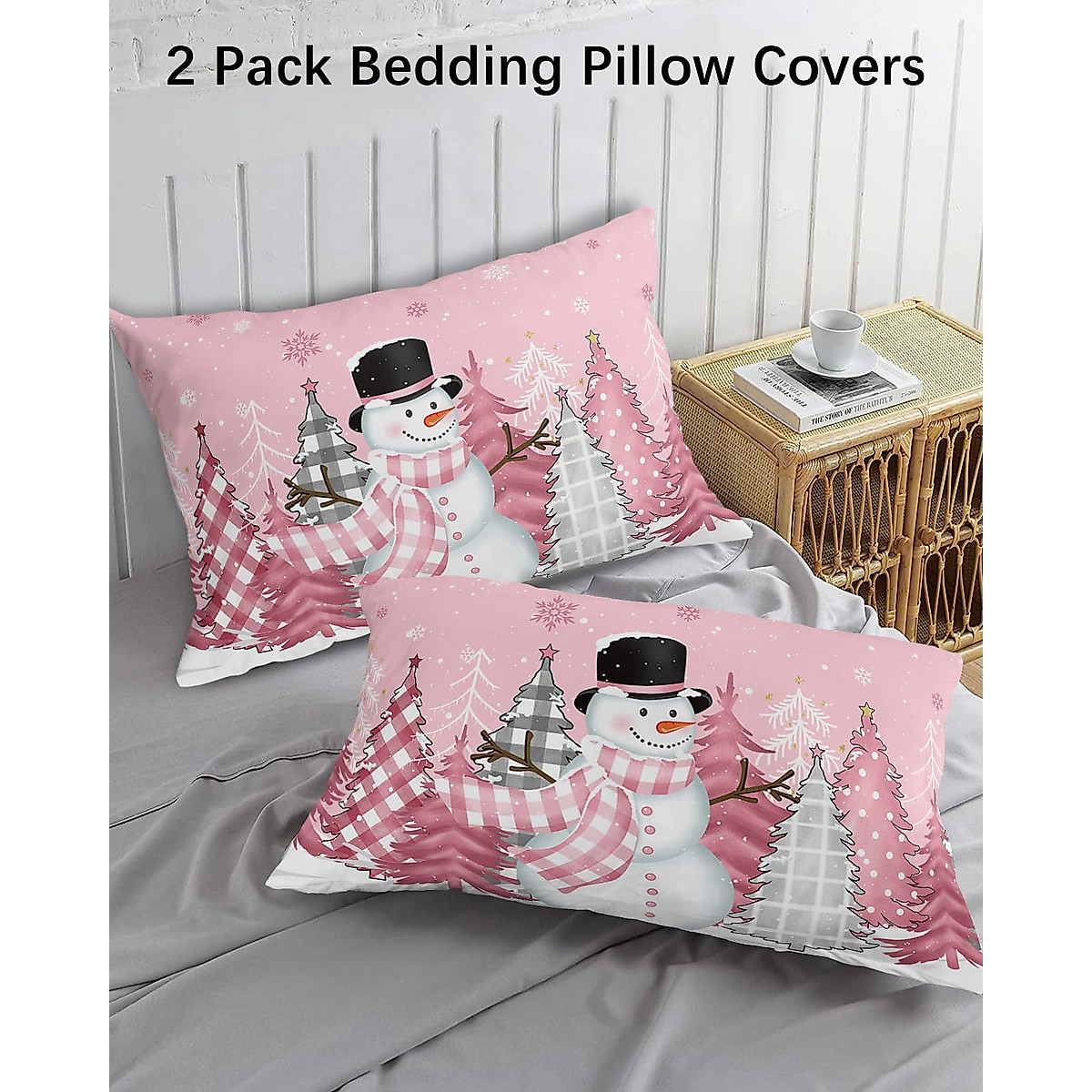 Edwiinsa Blush Pink Snowman Pillow Covers King Standard Set of 2 Bed Pillow, Plush Soft Comfort for Hair/Skin Cooling Pillowcases with Envelop Closure 20x36 Inches Christmas Dot Plaid Tree
