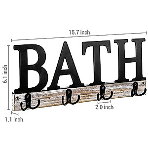 MyGift Wall Mounted Shabby Whitewashed Weathered Wood and Black Metal Bathroom Towel Rack - Bath Cutout Design Hanging Bath Towels Organizer with 4 Double Hooks