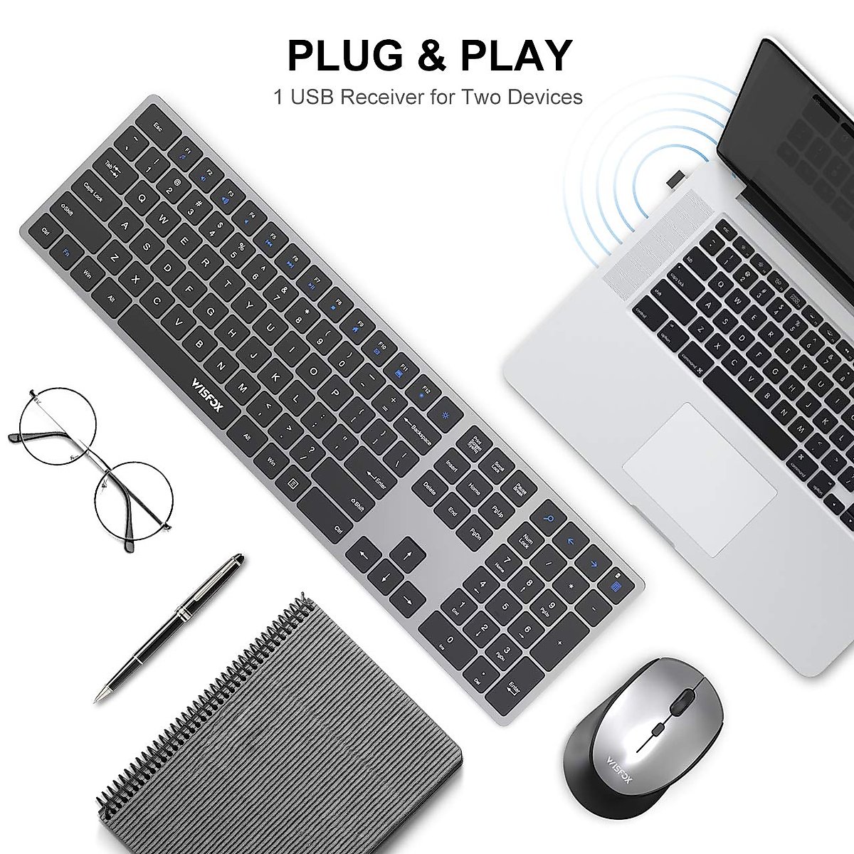 Wireless Keyboard and Mouse Combo, WisFox 2.4G Full-Size Slim Thin Wireless Keyboard Mouse for Windows, Computer, Desktop, PC, Laptop Mac (Silver and Gray)