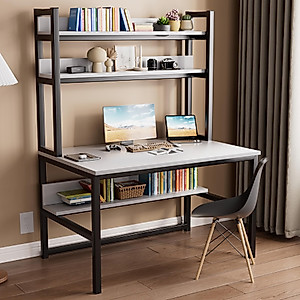 Aquzee Desk with Hutch, 55inch Computer Desks with Shelves, 4 Tiers Gaming Desk with Large Wood Desktop, Metal Legs, Ideal for Storage Study Work Writing Homework, White, 55Wx65Hx23.6D Inches