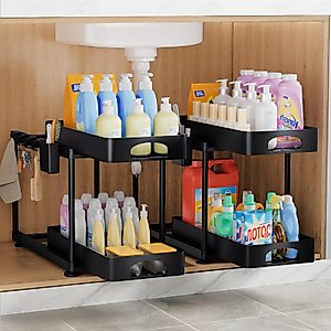 COYACOOL 2 Pack Double Sliding Under Sink Organizers and Storage, 2 Tier Bathroom Cabinet Organizer with 2 Hanging Cup & 8 Hooks, Multi-Purpose Under Sink Storage Rack for Bathroom, Black