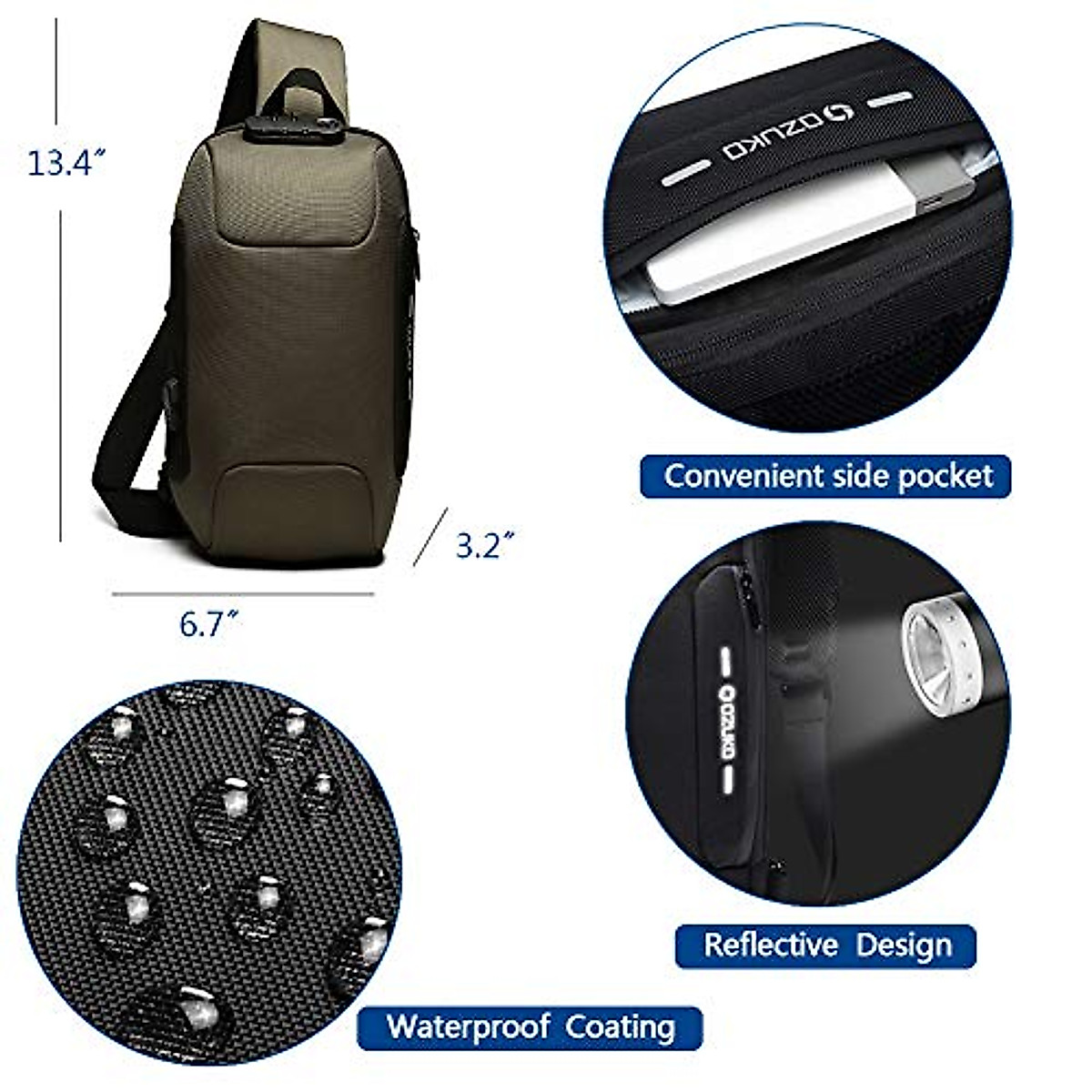 ZUK Sling Bag Shoulder Crossbody Backpack Waterproof Sling Backpack with USB Charging Port Anti Theft Chest Pack Bag Casual Daypack Fit 9.7 Inch Ipad (Army Green)