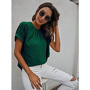 Milumia Women's Casual Swiss Dots Chiffon Ruffle Front Short Sleeve Work Office Blouse Top Green Large