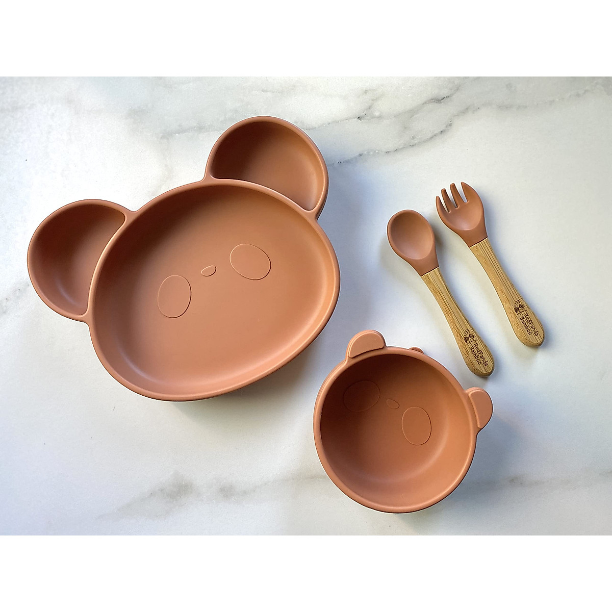 Red Panda Bamboo Silicone Suction Plate and Bowl Set with Spoon and Fork BPA Free Divider Kids Plate Bear Plate Bear Bowl Animal plate Microwave Safe Dishwasher Safe