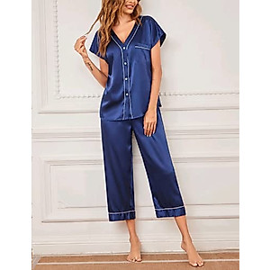 Ekouaer Silk Womens Nightwear Soft Satin Loungewear Button Down Pajamas Set Two Piece Short Sleeve Sleepwear Navy Blue