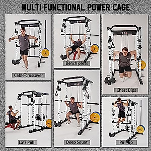 MAJOR LUTIE Power Cage with Weight Bench, 230LBS Competition Bumper Plates and Olympic Barbell, PLM03 Multi-Function Power Rack with Adjustable Cable Crossover System and Exercise Attachment White