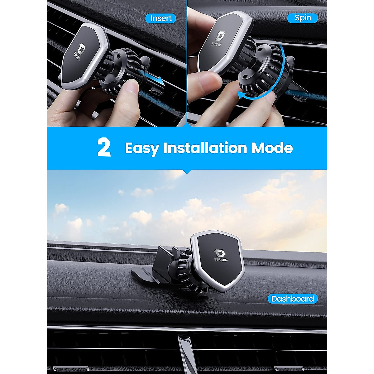 TRUDIN Magnetic Phone Holder for Car 2022 Upgraded,【Ultra Sturdy Vent Hook】 Hands-Free Car Phone Holder Mount【Sharp Turns & Bumpy Roads Friendly】 Compatible with iPhone, Samsung, All Smartphones