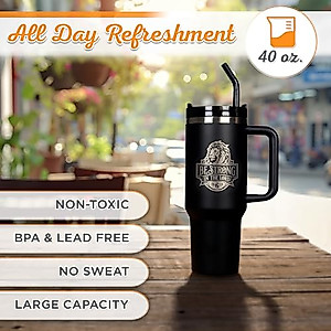 Christian Art Gifts Extra Large Stainless Steel Double Wall Vacuum Insulated Travel Tumbler for Men & Women: Be Strong Scripture, Silver Laser Engraved Lion, Lid, Straw, Wide Handle, Black, 40 oz.