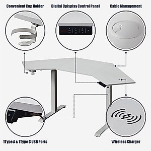 kowo L Shaped Height Adjustable Electric Standing Desk with USB C Hub & Wireless Charger, Sit Stand Corner Desk, Memory Settings, Stand Up Computer Desk Adjustable Table, White