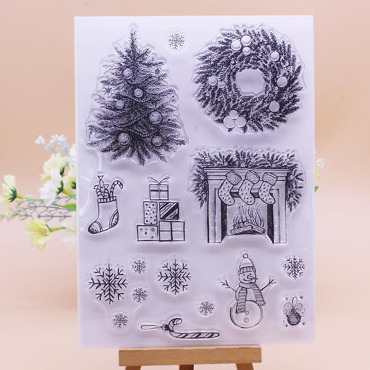 NZJ Merry Christmas Garland Christmas Tree Decoration Clear Stamp Background Transparent Silicone Stamp Spill and Splatter Rubber Stamp for Scrapbook Journal Card Making 4.3 x 6.3 Inch