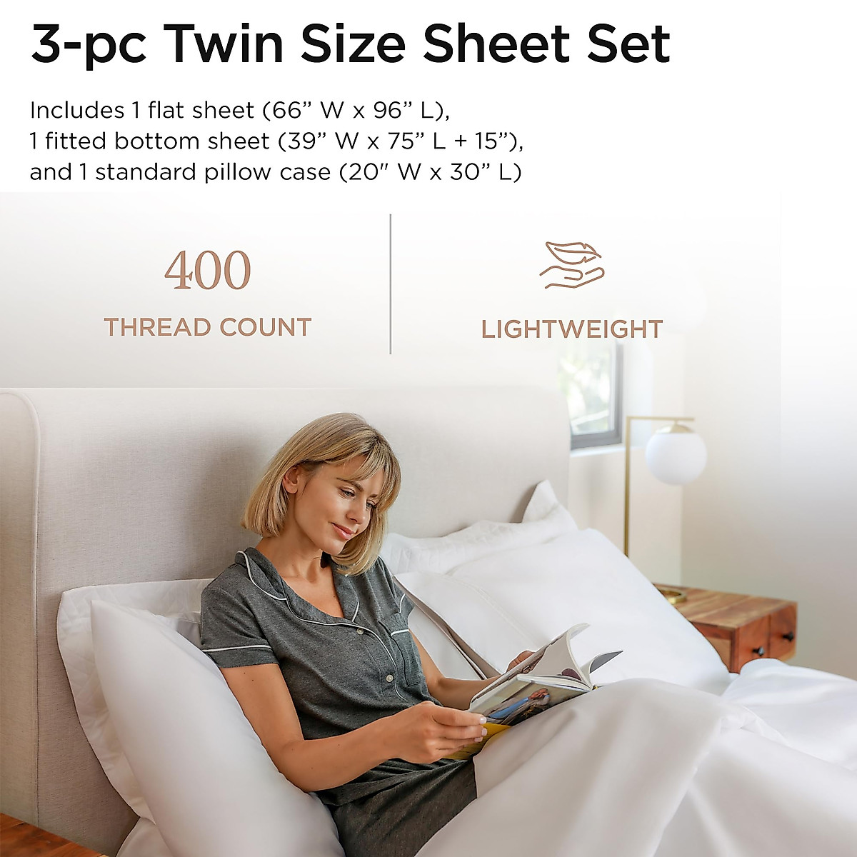 Threadmill Egyptian Cotton Twin Sheet Set | 100% Certified Egyptian Cotton Sheets for Twin Size Bed | Sateen Twin Bed Sheets Set 15" Deep Pocket | Soft Breathable 3-Piece Cooling Sheet Set | White