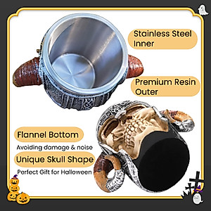 Tlence Stainless Steel Skull Mug, 20 OZ Halloween Viking Drinking Cup, Large Skeleton Resin Beer Stein Tankard with Double Handles, Bar Drinkware Medieval Decoration for Coffee, Tea, Novelty Gifts