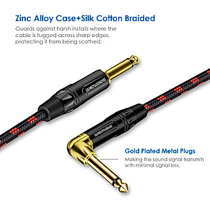 DREMAKE 3 Foot Professional Instrument Cable, Guitar Cable for Speaker Bass Keyboard 1/4" (6.3mm) Straight to Right Angle Inch Cable Black/Red Tweed