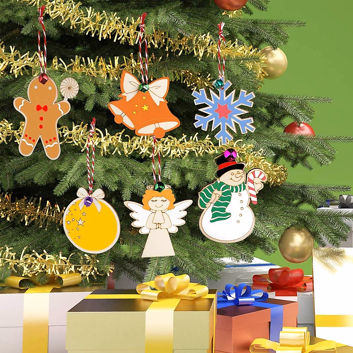 GUDELAK 48PCS Christmas Crafts for Kids, Wooden Christmas Ornaments Unfinished Wood Slices with 6 Styles, DIY Christmas Ornaments Kits for Christmas Tree Holiday Hanging Decorations