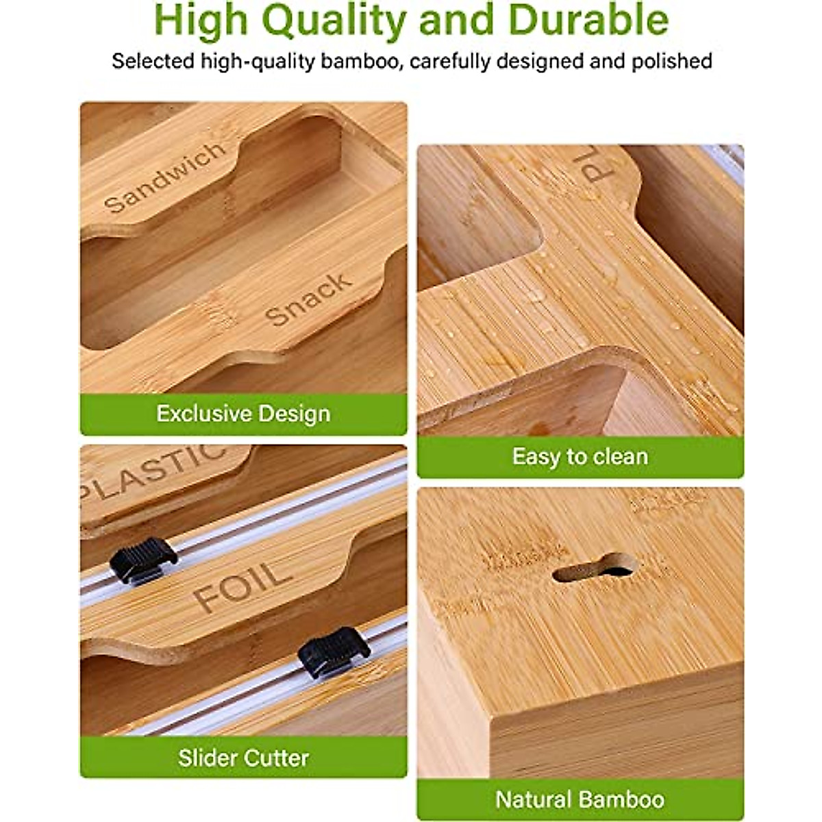 ziplock bag organizer, ziplock bag organizer for drawer, ziploc bag organizer, sandwich bag organizer Bamboo, 6 in 1 Wrap Dispenser With Cutter, Kitchen Storage Ziplock Bag Organizer For Drawer, Compatible With Ziplock Gallon, Quart, Sandwich, Snack, Alum
