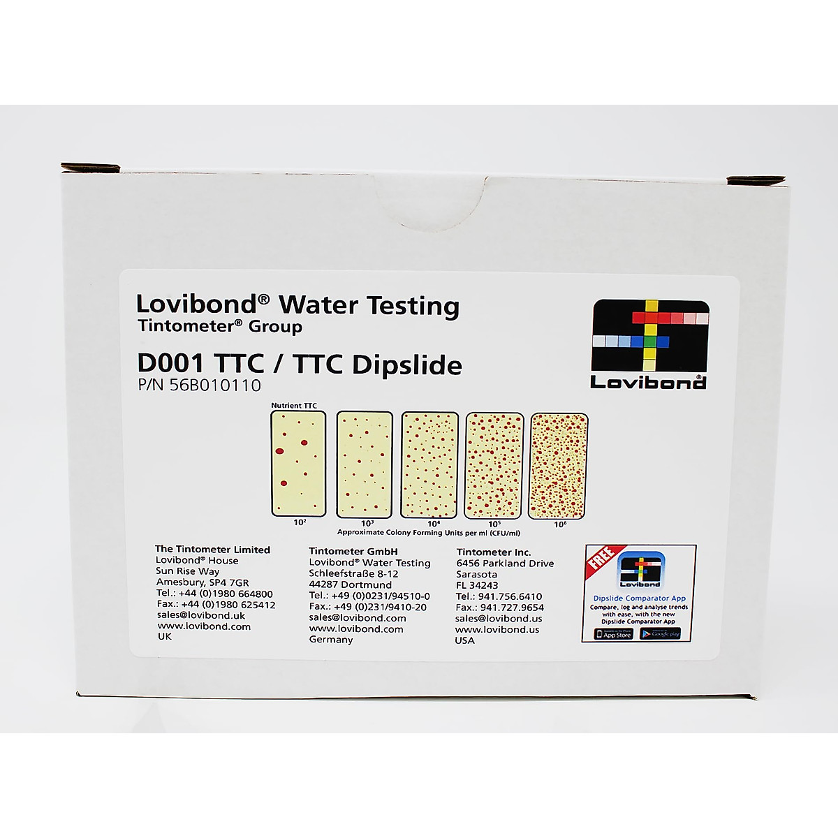 Lovibond 56B010110 Dipslide: D001 TTC/TTC, Total Viable Count (TVC) in Waters and Surfaces, 10/pk