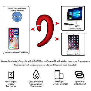 Sunffice Ear Hook Bluetooth Wireless Headphone,Non Ear Plug Headset with Microphone,Single Ear Noise Cancelling Earphones Painless Wearing for Android Smartphones,iPhone14 13 12 11 X 8 (Red)