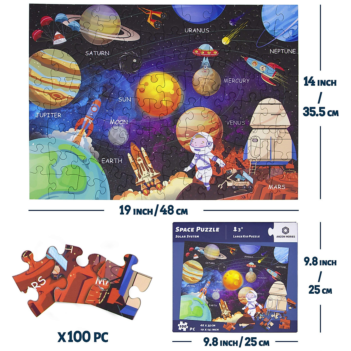 Anzon Mories Solar System Puzzle 100 Pieces (Unique Shape), Space Large Kid Jigsaw Size 19x14, Educational Preschool Universe Planet Learning Toy for Boy, Girl, Teenager, Children 3 4 5 6 7 8