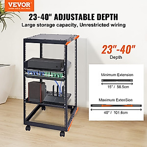 VEVOR 20U Open Frame Server Rack, 23''-40'' Adjustable Depth, Free Standing or Wall Mount Network Server Rack, 4 Post AV Rack with Casters, Holds All Your Networking IT Equipment AV Gear Router Modem