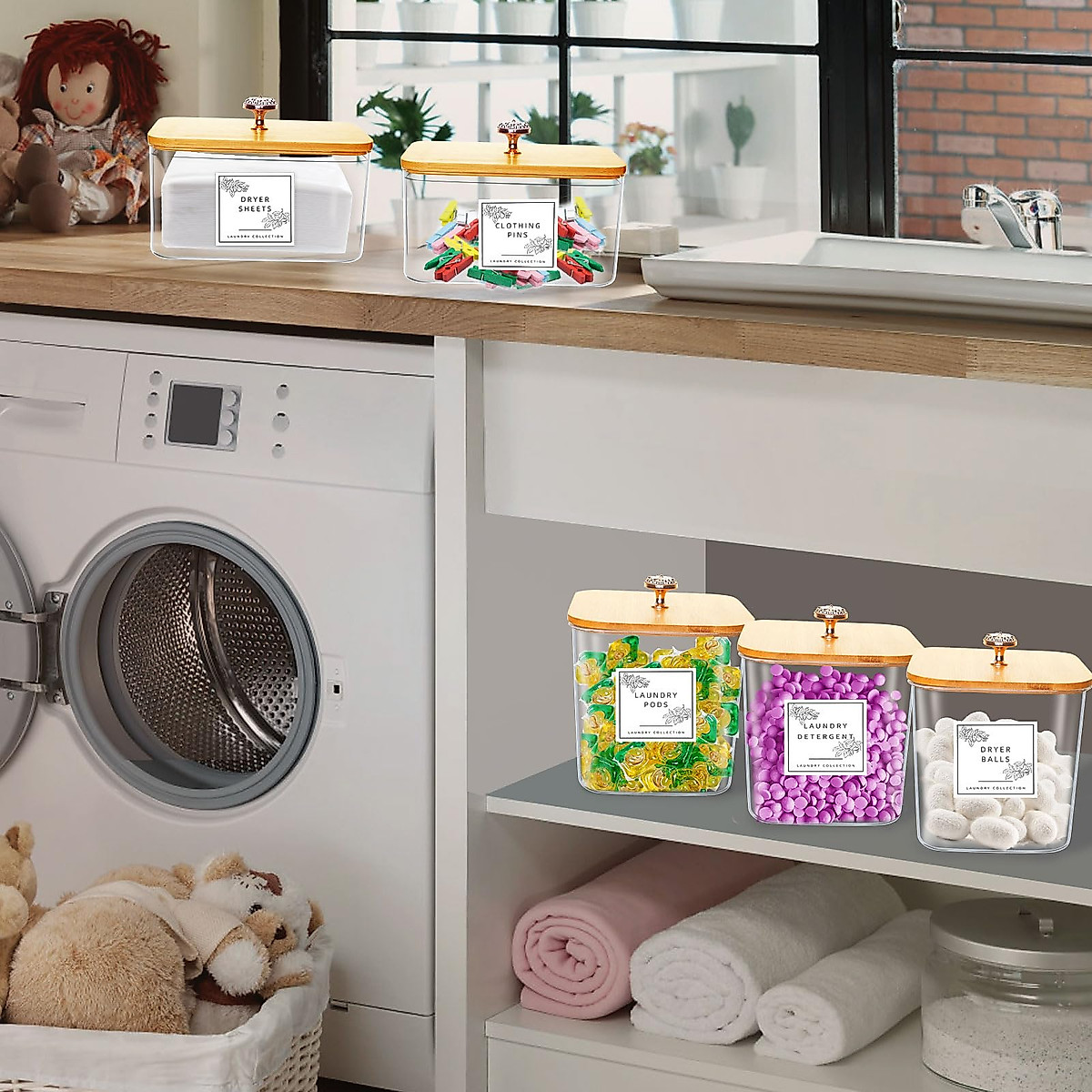 ASMALAM 3 Pack Laundry Room Organization Storage Containers Acrylic Jars and Dryer Sheet Container with Lids and Labels for Laundry Detergent Laundry Pods Containers Dry Sheet Organizing