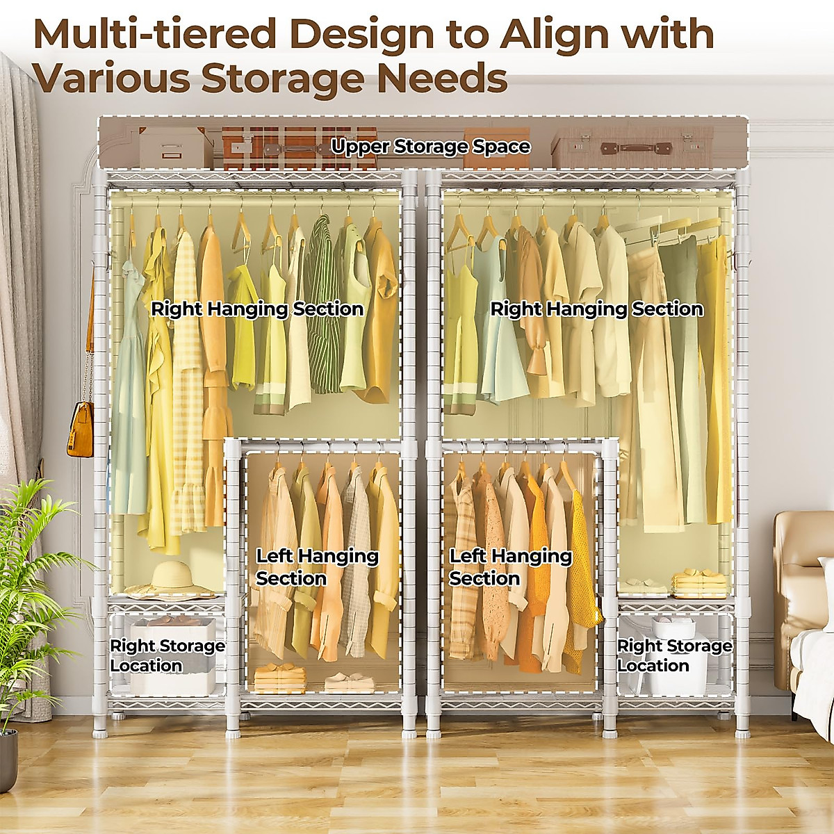 HYSEYY Clothes Rack Heavy Duty Clothing Rack Loads 450LBS, Portable Garment Rack Wadrobe Closet, Garment Rack for Hanging Clothes, Heavy Duty Clothes Rack with Shelves, White