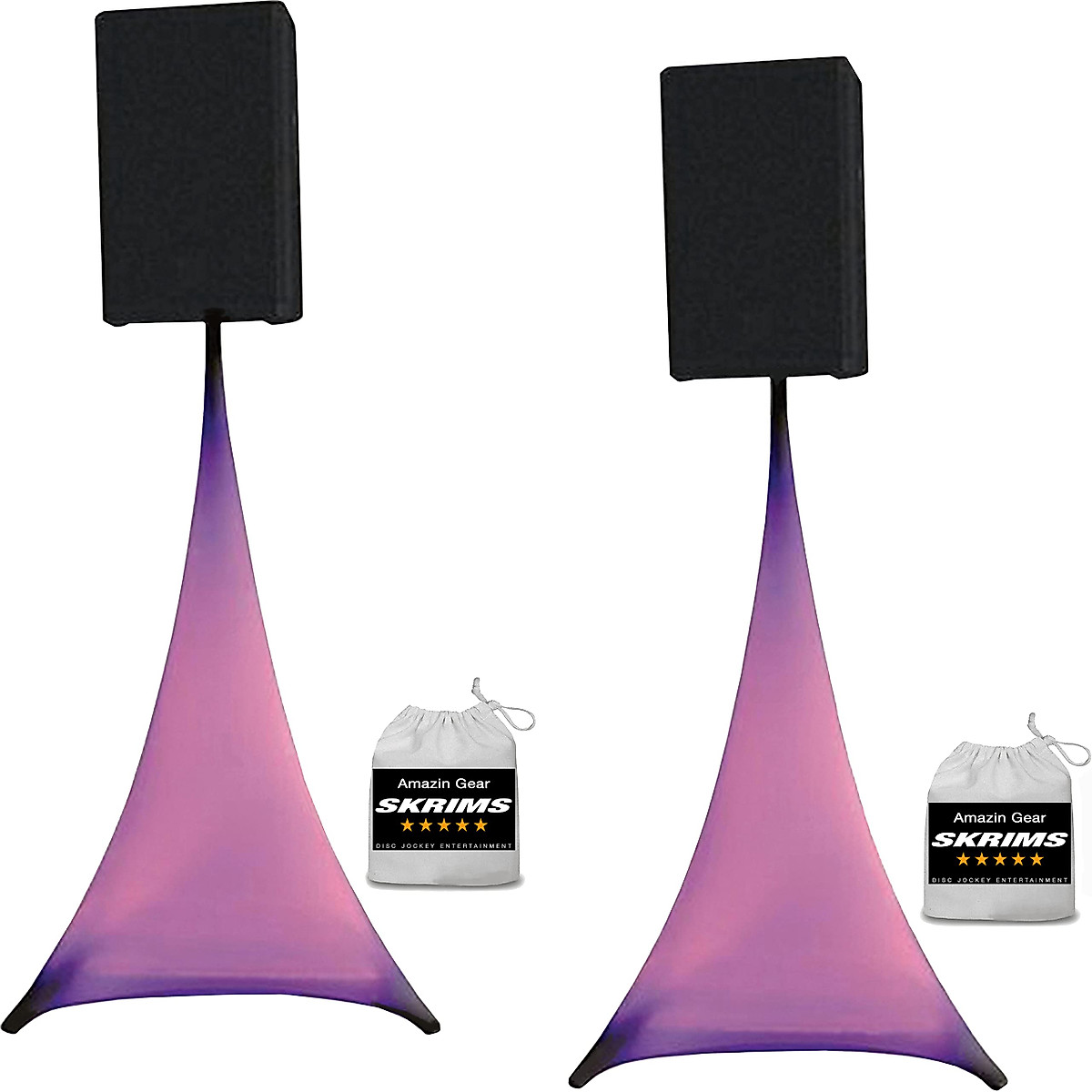 2-Pack Amazin Gear SKRIMS Tripod Speaker Stand Stretch Covers, Triple Sided DJ Scrims, Spandex DJ Skirts +2 FREE Travel Bags, 3-Sides Perfect for Glow Lighting Effect, WHITE PAIR (SKRIMS-3W-2)