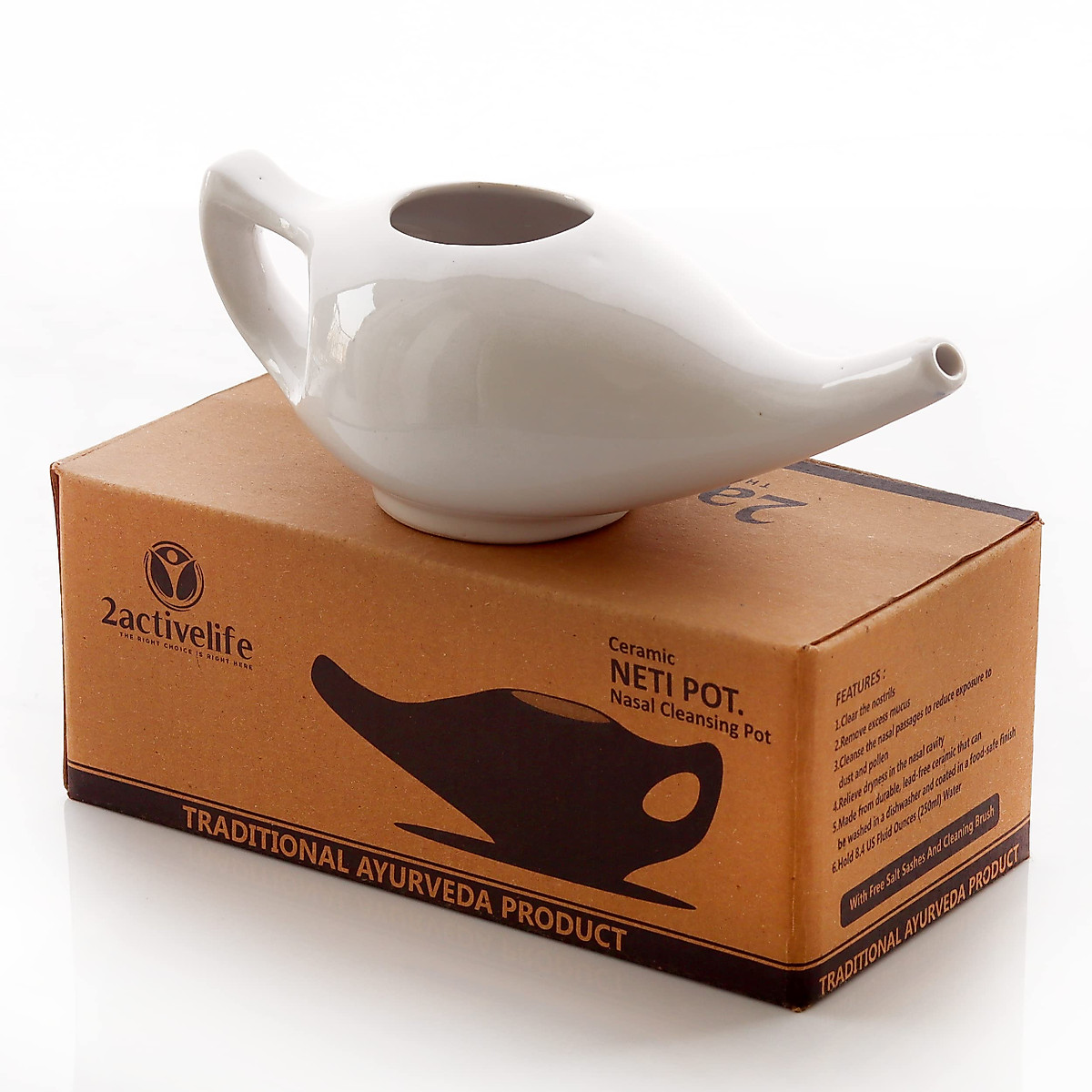 Handmade Ayurvedic Ceramic Neti Pot for Nasal Cleansing & Sinus| Premium Handcrafted Durable, Dishwasher Safe, for Nasal Cleansing + 5 Sachet Neti Salt, 225 Ml. (7.6 FL Oz) Capacity -White Color