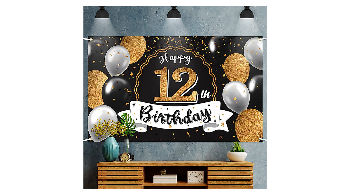 Nelbiirth Happy 12th Birthday Banner - Elegant Black & Gold Decor