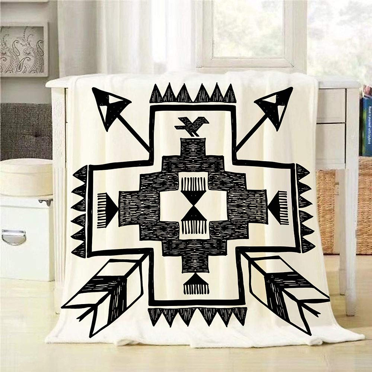 Mugod Native American Style Throw Blanket Tribal Black and White Geometric Arrow Ethnic Soft Cozy Fuzzy Warm Flannel Blankets Decorative for Baby Toddler Swaddle Dog Cat 30X40 Inch