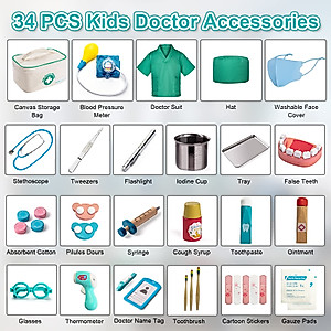 Juboury Doctor Kit for Kids 34Pcs Toy Medical Kit with Stain Steel Stethoscope, Flashlight, Tray, Iodine Cup, Wooden Accessories, Dress Up Costume and Doctor Bag for Kids, Girls, Boys, Toddlers