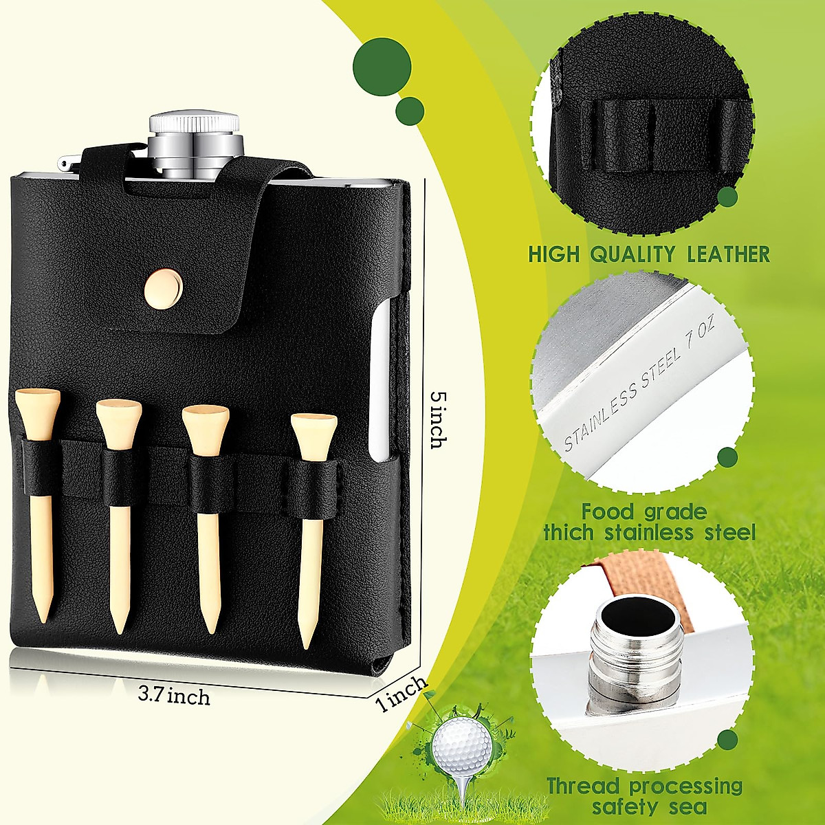 Remerry Golf Flask Gift Set 7 oz Stainless Steel Flask with Leather Case Golf Accessories for Men and Women Includes Drinking Bottle Divot Tool Ball Marker and 4 ball Tees (Black)