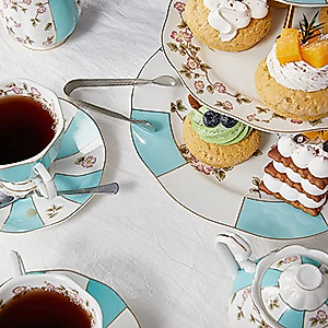 MOSTDEN 3-Tier Ceramic Cake Stand Cake Stand/Cupcake Stand/Dessert Stand/Tea Party Pastry Serving Platter/Food Display with A Serving Tong (Blue)