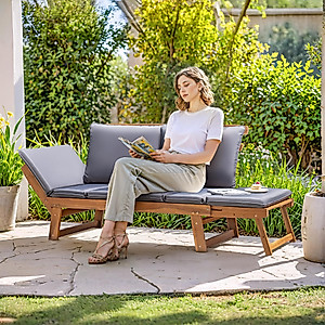 Greesum Patio Convertible Couch Sofa Bed with Adjustable Armrest, Acacia Wood Outdoor Daybed with Cushion & Pillow, Folding Chaise Lounge Bench for Porch Courtyard Poolside，Gray