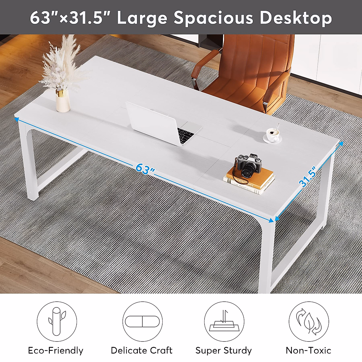 Tribesigns Modern Computer Desk, 63 x 31.5 inch Large Executive Office Desk Computer Table Study Writing Desk Workstation for Home Office, Spliced Desktop, White