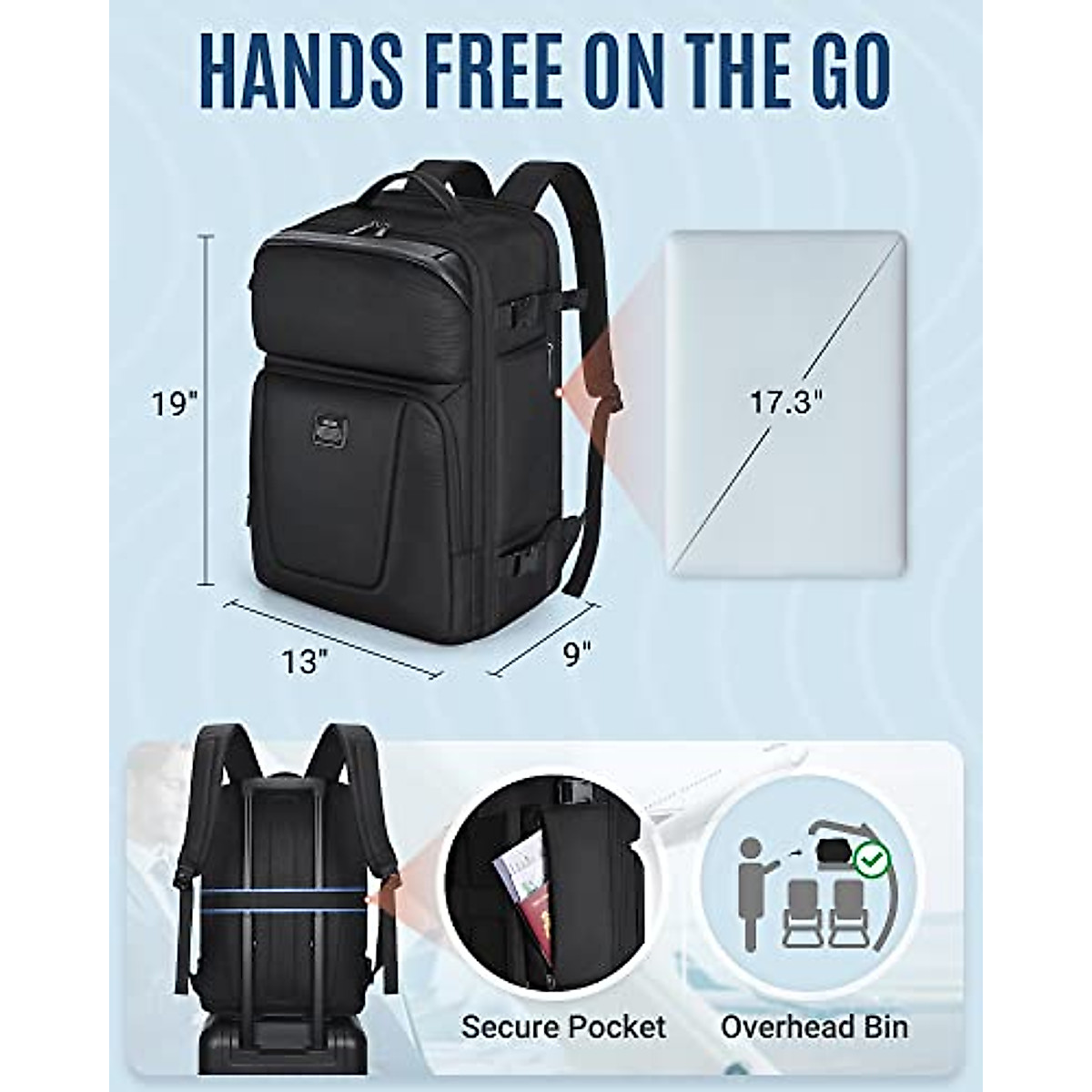 LIGHT FLIGHT Mens Travel Backpack, 36.5L Airline Approved 17.3 inch Laptop Backpack for Weekend Trip, Water-resistant Weekender Backpack for Business, Black