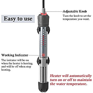 HITOP 25W 50W 100W 200W 300W Adjustable Aquarium Heater, Submersible Fish Tank Heater Thermostat with Suction Cup (50W)