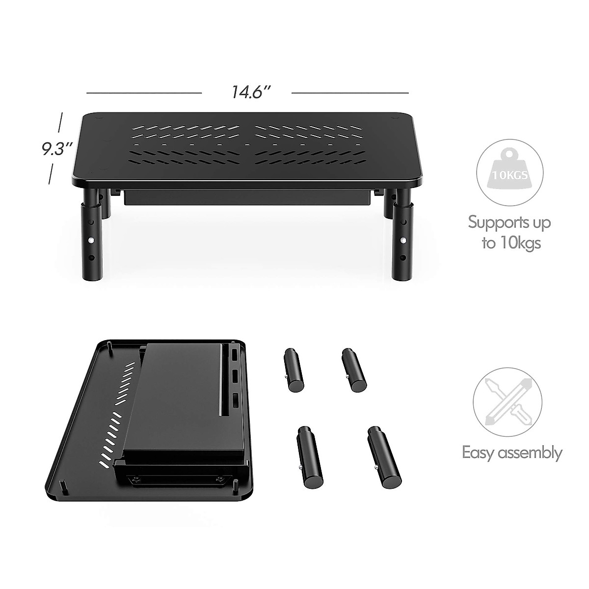 FITUEYES Monitor Stand with Drawer - Adjustable Computer Monitor Riser, Metal Desktop Stand for PC Cellphone Cable Management, Printer Display with Vented, Office Organization, Black, 2PACK