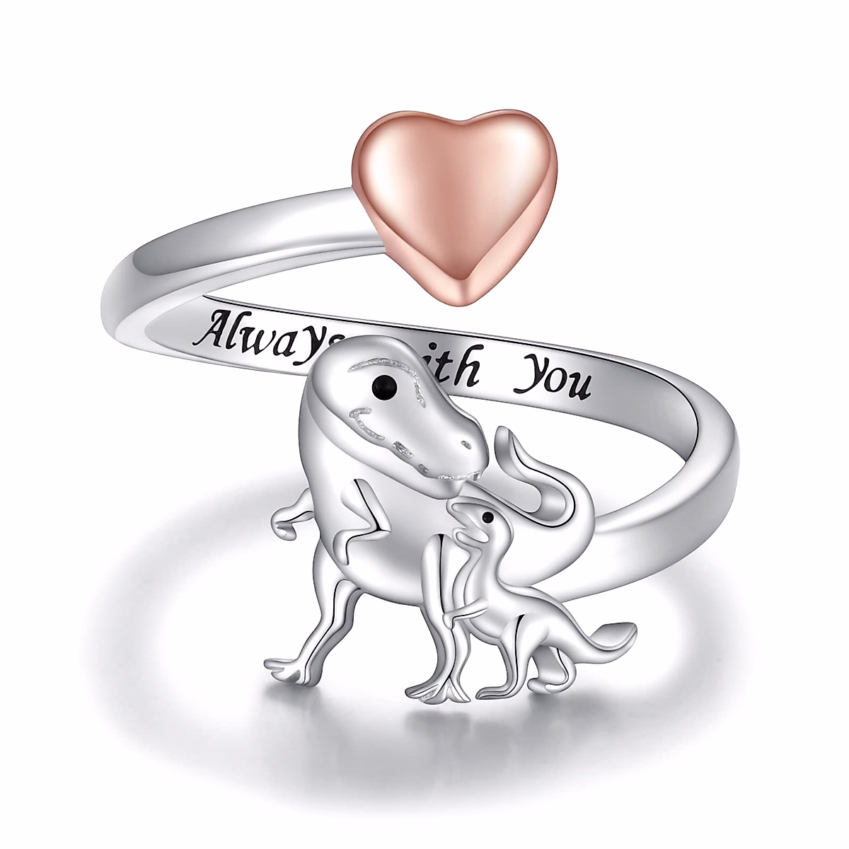 Sterling Silver Dinosaur Elephant Ring for Women: Always with You Mother Heart Adjustable Ring Jewelry Mother's Day Birthday Gift from Daughter Son (Dinosaur)