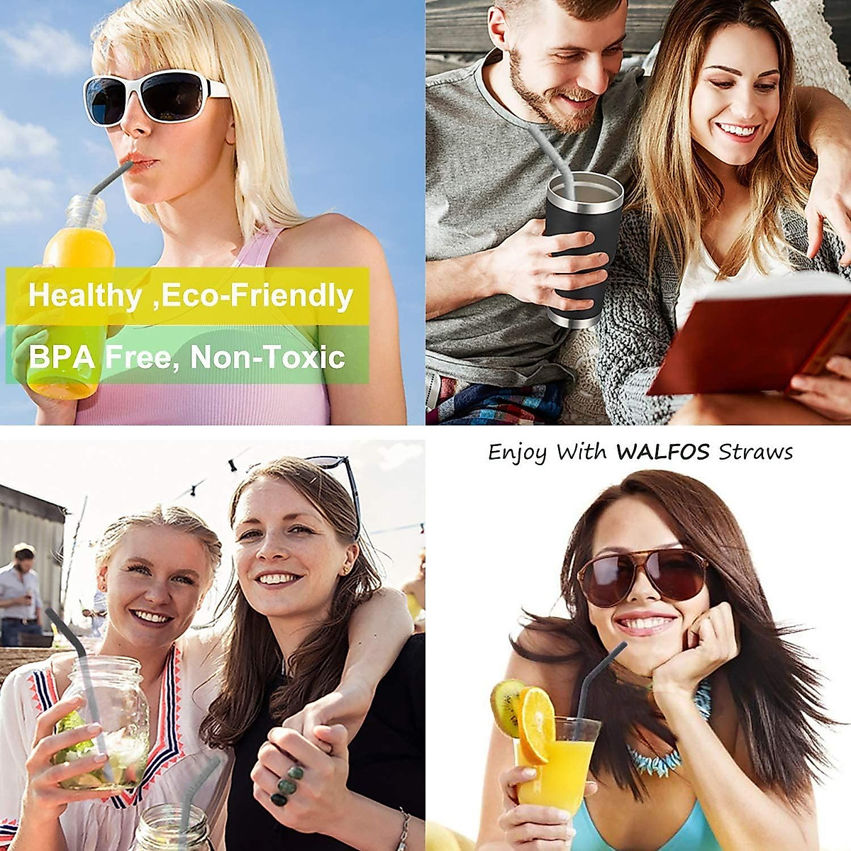 Walfos Reusable Silicone Straws -10.5 Inch Flexible Drinking Bendy Straws for Smoothies/20 & 30 oz Tumblers, BPA Free (6 Wide Straws + 1 Cleaning Brushes ）