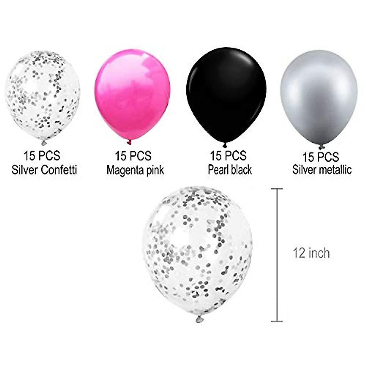 Kubert Silver Black and Pink Metallic Balloons and Clear Latex Pre-Filled with Silver Confetti 50Pack 12 Inch for Wedding Anniversary Bachelorette Bridal Shower Birthday and Graduation Party Supplies